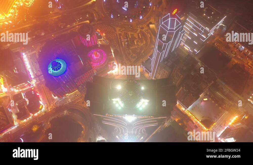night illumination macau downtown hotel rooftop aerial topdown panorama ...