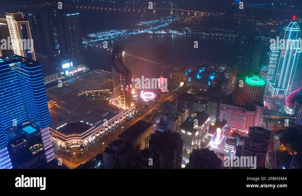 night macau bay famous downtown hotel aerial panorama 4k china Stock ...