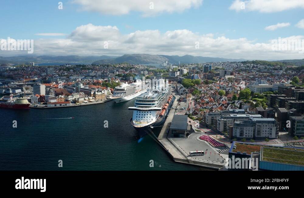 Cinematic Drone Rotating Aerial of Stavanger Sentrum Port With Cruise ...