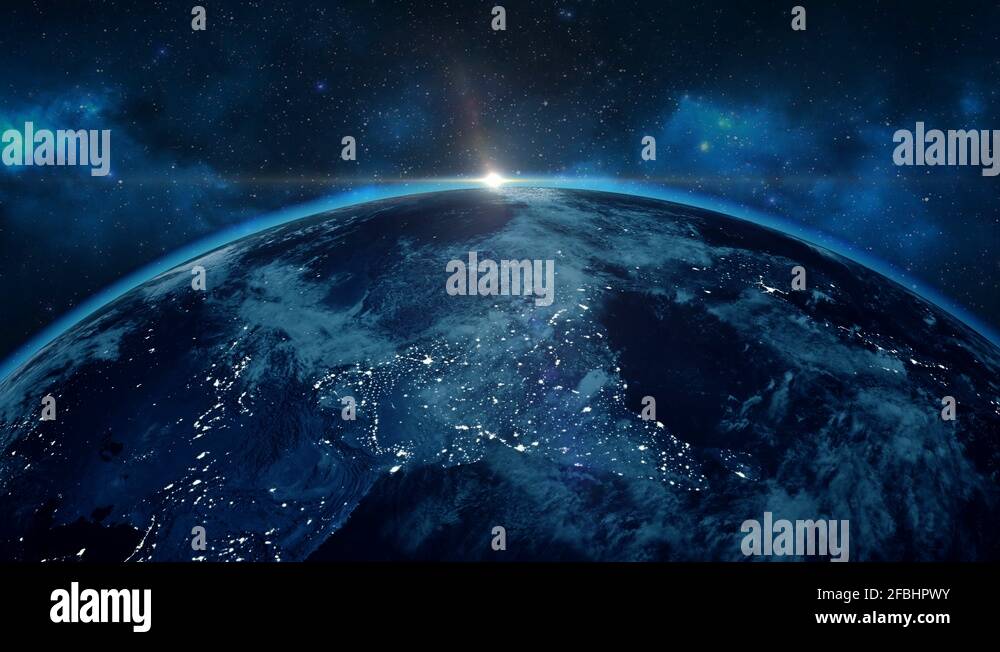 Earth rotating from dark to light in the space with sun light and lens ...