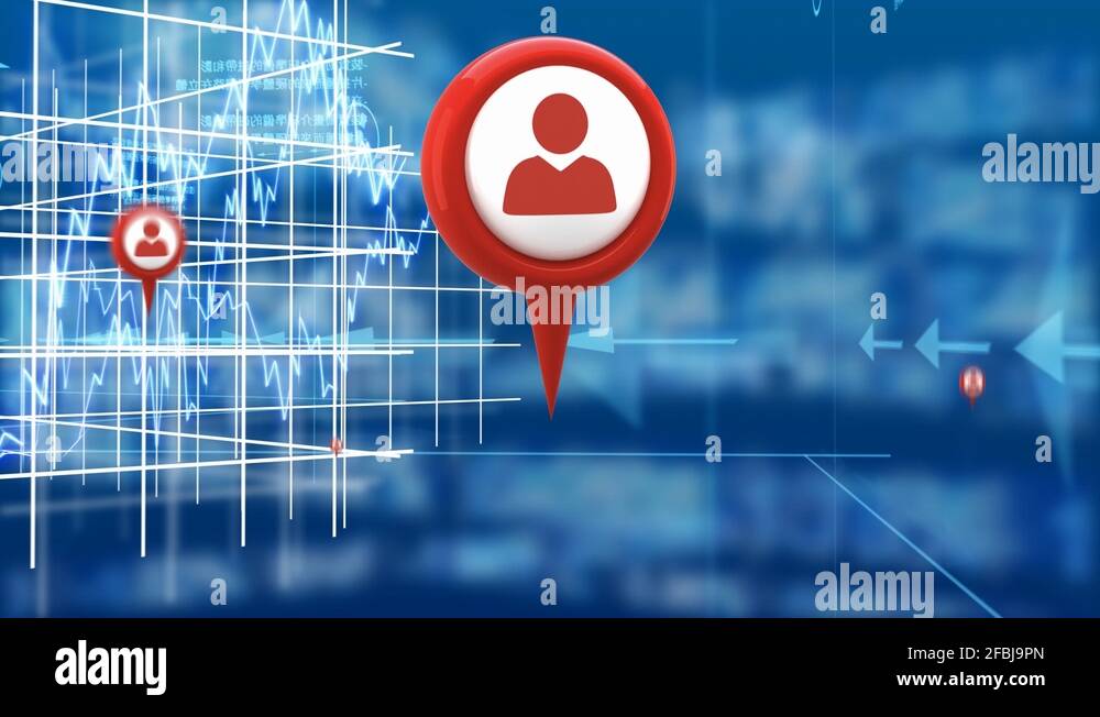 Profile icons in a map pins and a world map with graphs and arrows ...