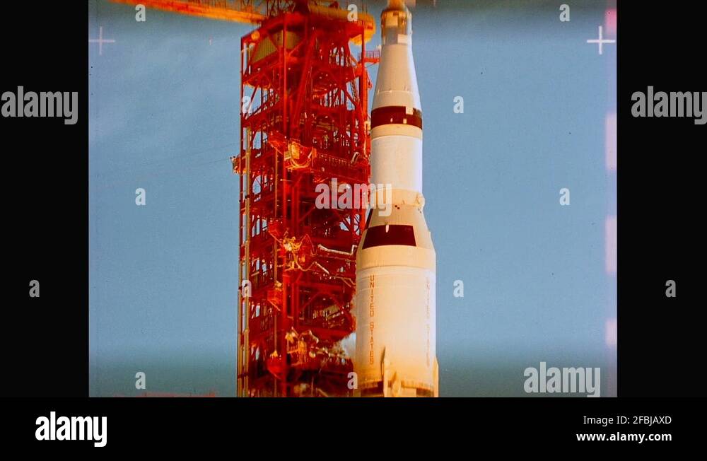 1960s: UNITED STATES: slow motion side view of rocket launching from ...