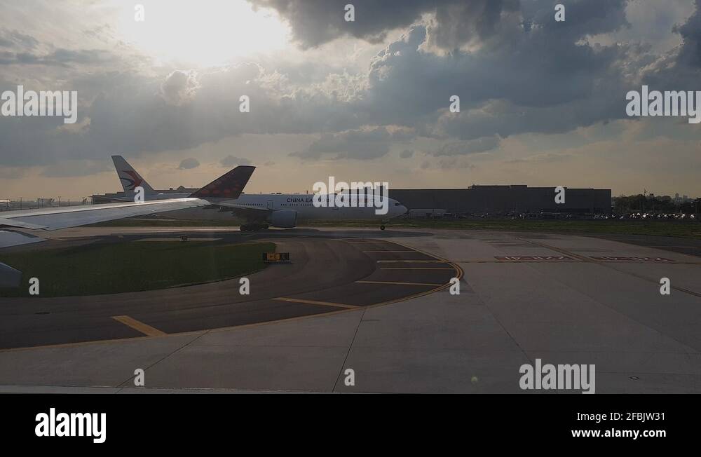 Airplanes Queuing On Airport Runway Waiting To Approval To Take Off ...