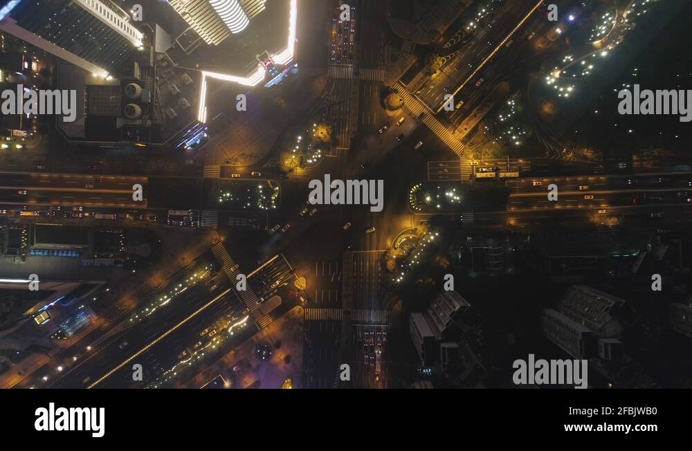 Complex Road Intersection in Shanghai, China at Night. Aerial Vertical ...