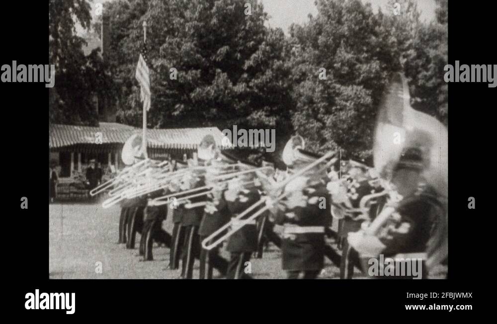 1940s: Naval Academy dress parade, marching band, men march in ...