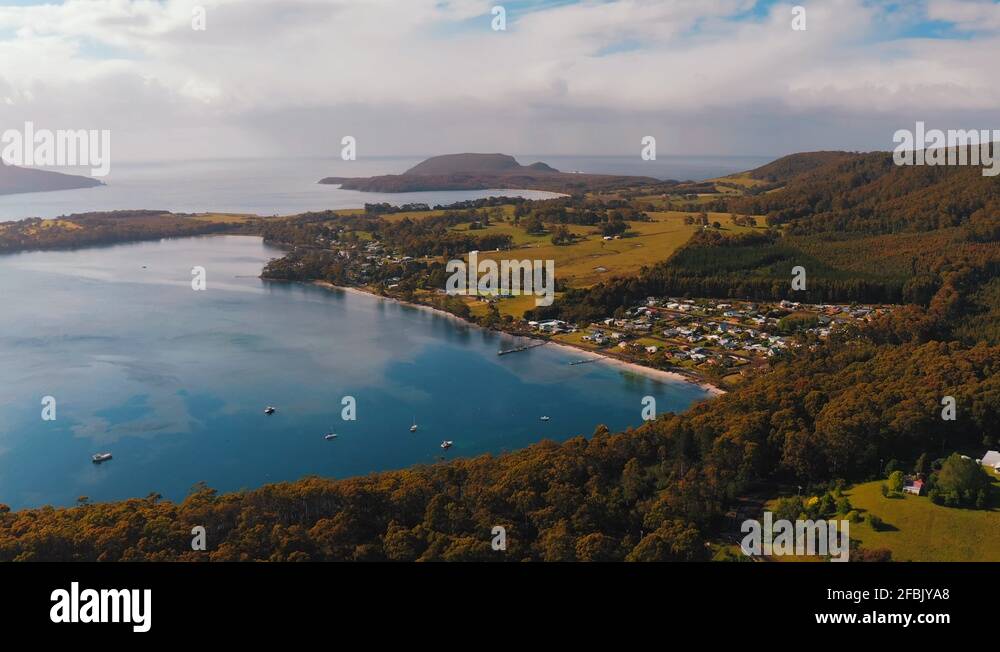 Birds eye view of Port Arthur Tasmania blue bay with sand beaches and ...