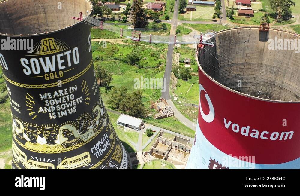 Aerial of Soweto and Orlando coal fired power plant outside of ...