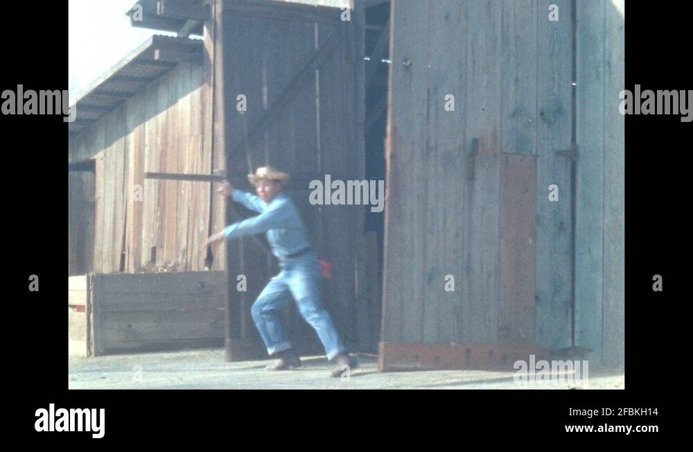1950s: man opens barn door for two horses running in pulling a plow and ...
