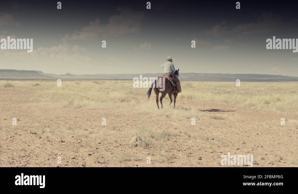 Vintage wild west scene of a cowboy on his brown horse in West Texas on ...