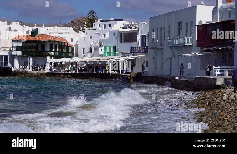 Mykonos, Greece tourists at the narrow path of Little Venice called ...