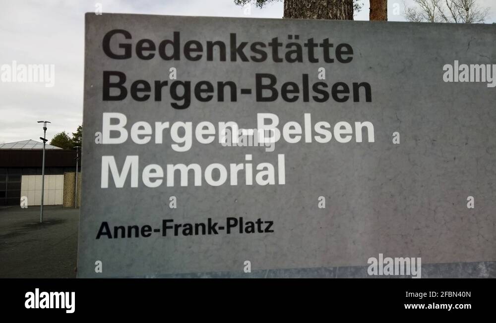 sign at the parking place at bergen belsen concentration camp, anne ...