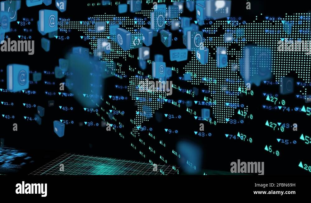 Internet icons and symbols on a world map Stock Video Footage - Alamy