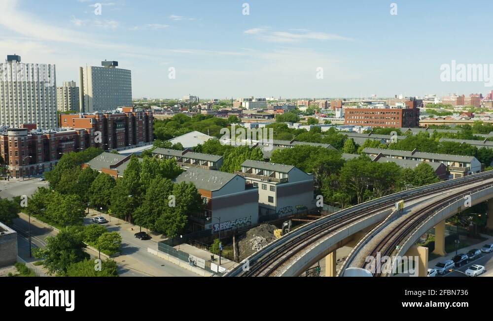 Crane Up Pullback as Chicago CTA Subway Train Enters Frame [4K] Stock ...