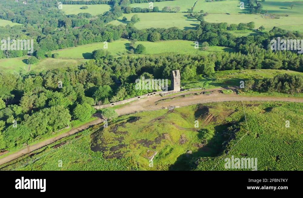 An aerial view around the Pigeon Tower in Rivington Stock Video Footage ...