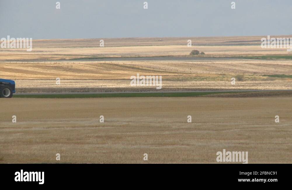 Agriculture, tractor and seeder planting barley, spring through frame ...