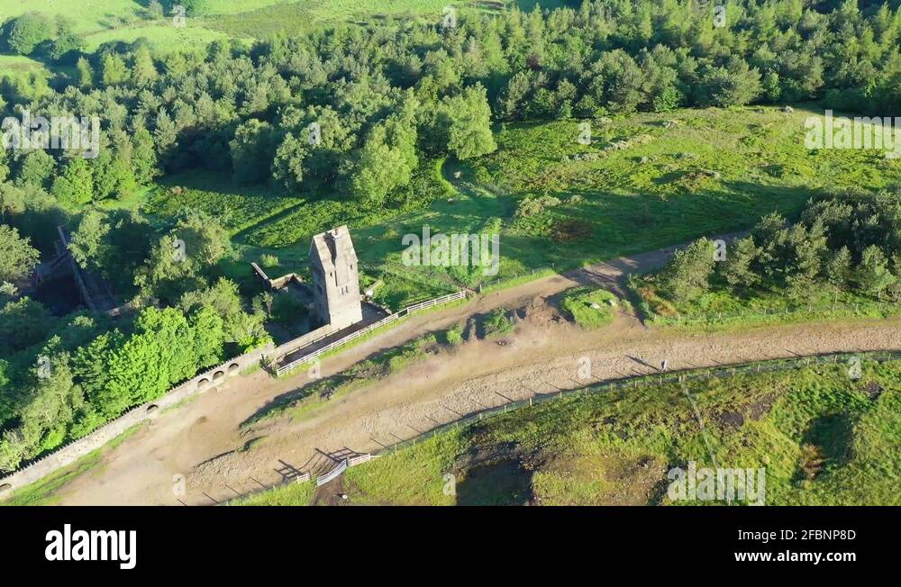 An aerial view around the Pigeon Tower in Rivington Stock Video Footage ...