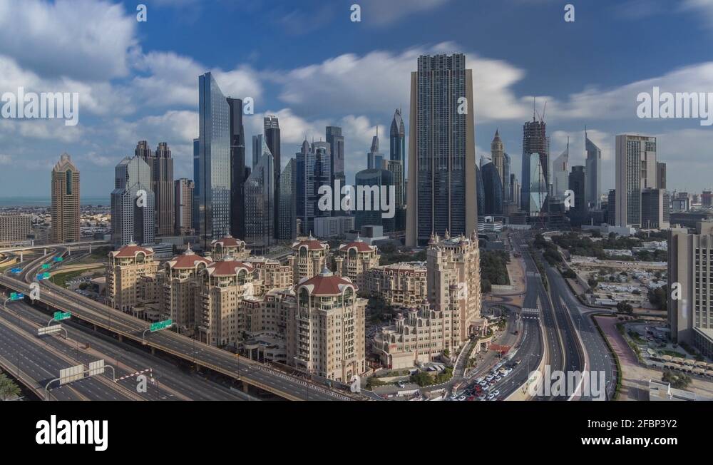 Skyline view of the buildings of Sheikh Zayed Road and DIFC timelapse ...