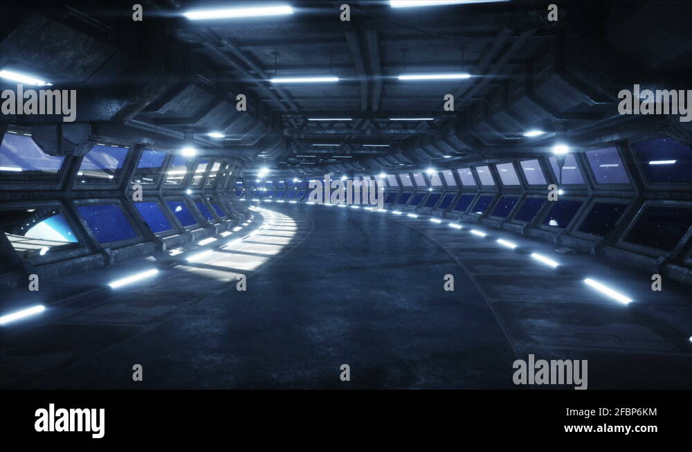 futuristic space corridor, tunnel. flight view of the earth. Cinematic ...