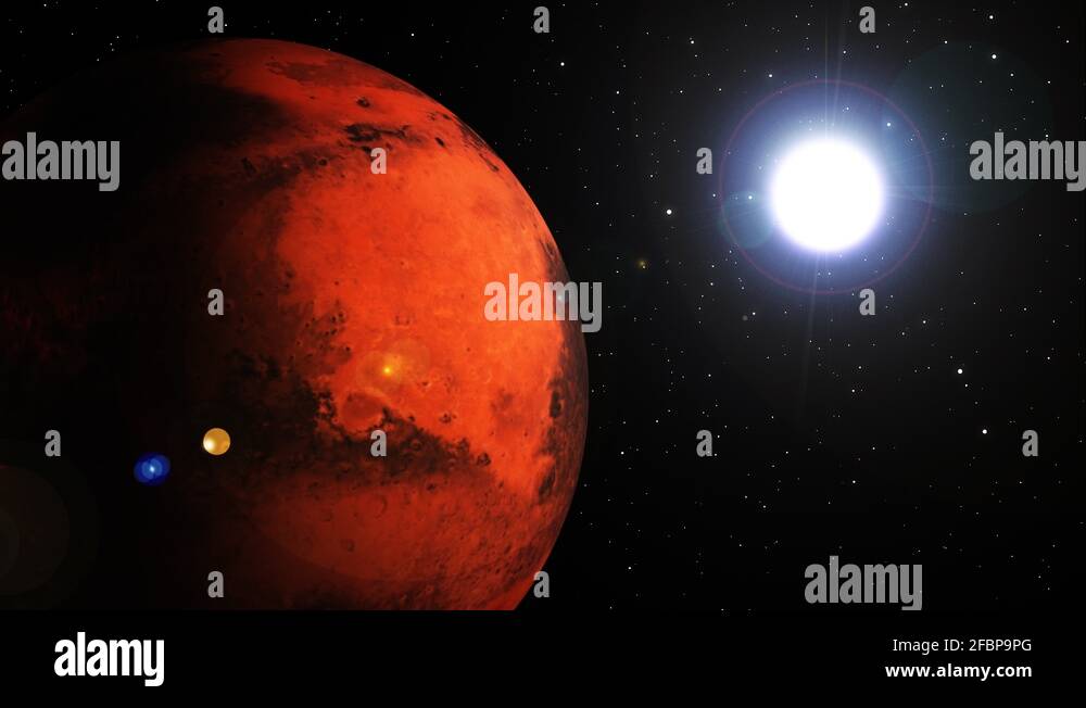 Rotating Mars Planet in space with epic Sun flare in the distance. Mars ...