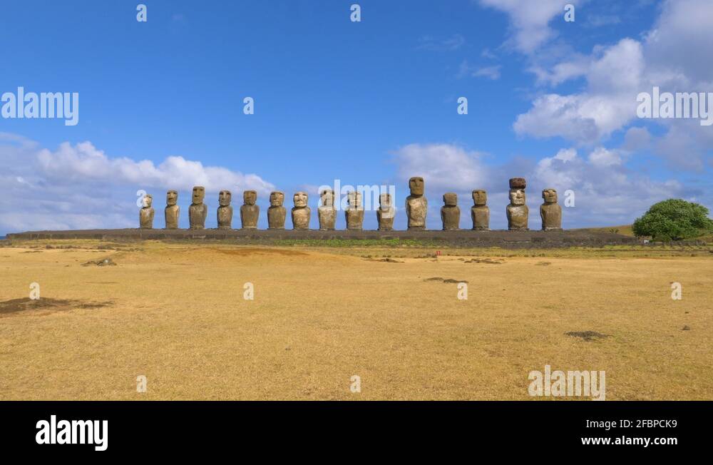 DRONE: Megalithic moai sculptures on Rapa Nui under the clear blue ...