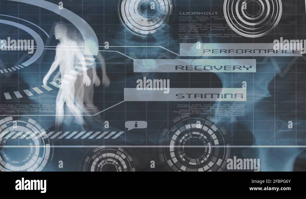 Digital human body with workout information and labels such as ...