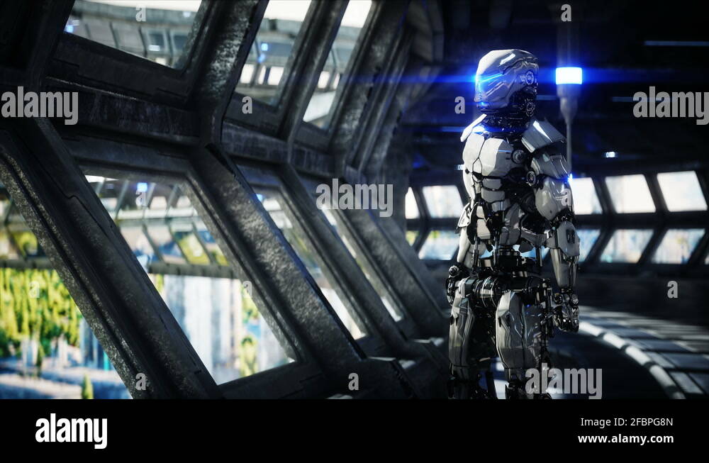Robot in Sci fi tonnel. Concept of future. Realistic 4K animation Stock ...