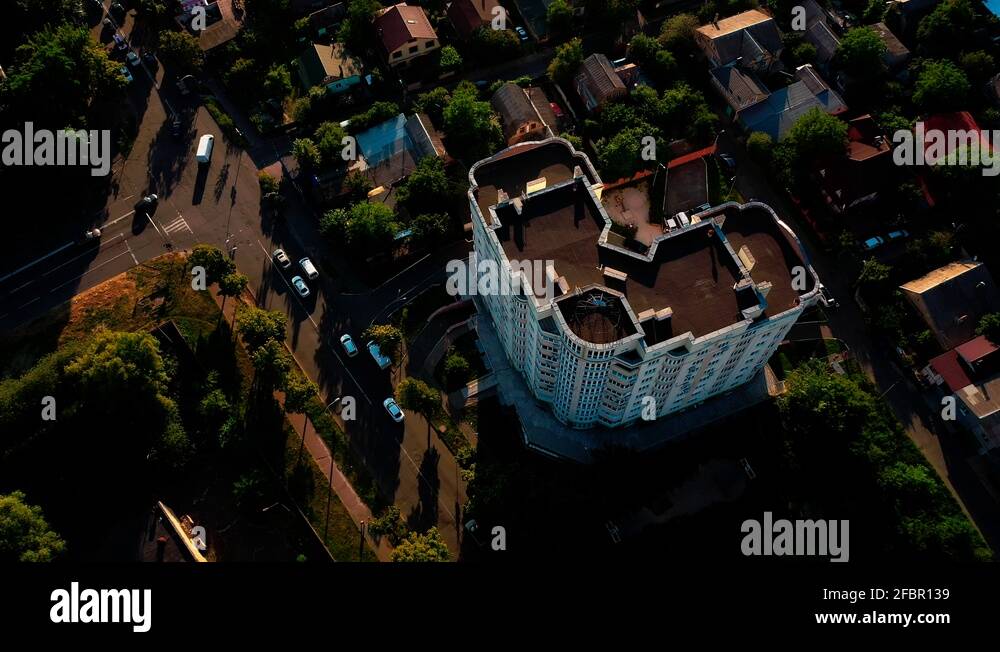 4K, Drone, Birds eye view top down shot of a tall building on a great ...