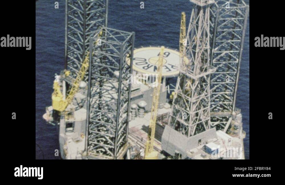 1960s: UNITED STATES: overhead view of oil rig. Self elevating oil rig ...