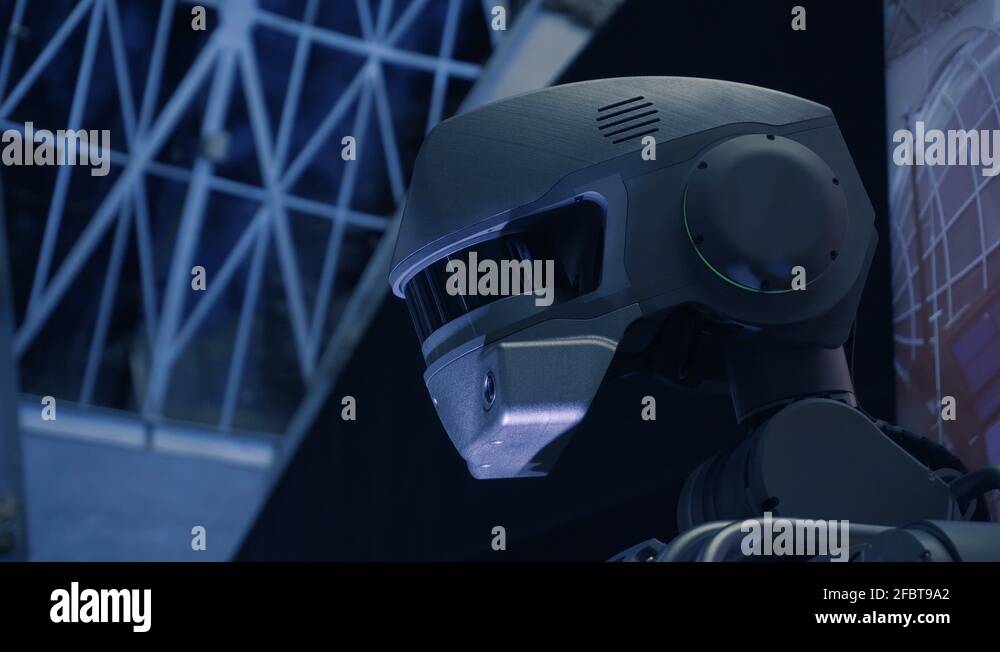 Modern Robotic Technologies. The robot man turning his face. Cyborg ...