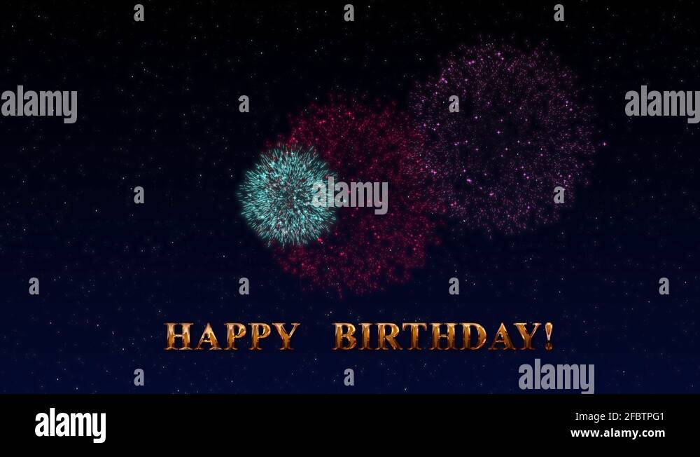 Animated fireworks with Happy Birthday in metallic gold text Stock ...