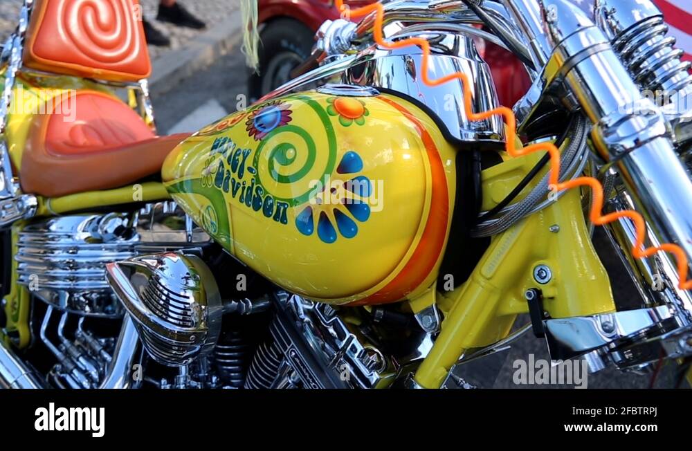 Hippie Harley davidson motorcycle custom gas tank Stock Video Footage ...