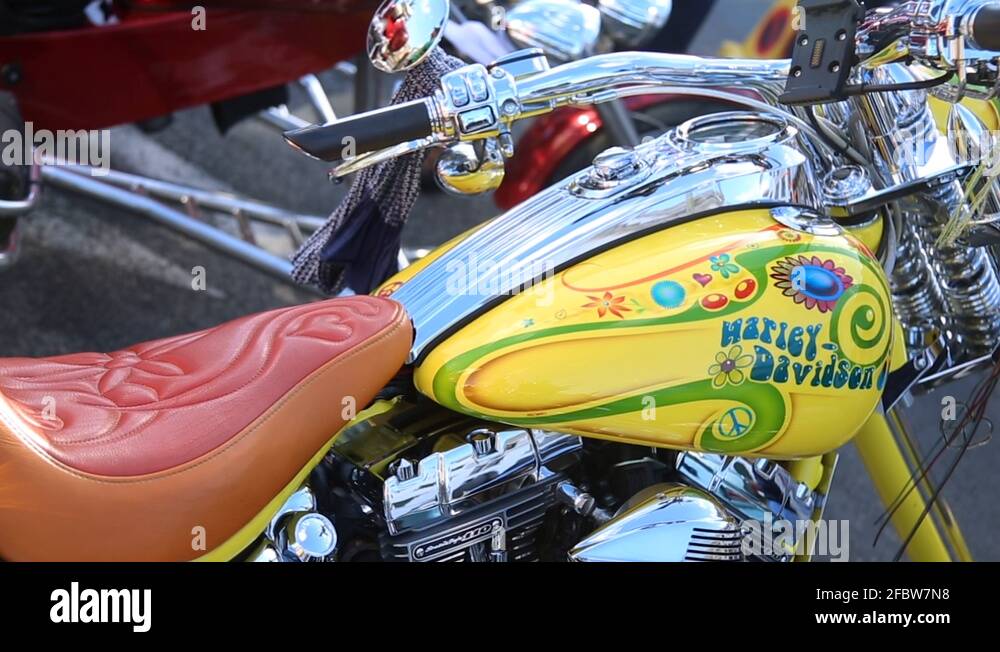 Hippie Harley davidson motorcycle custom gas tank Stock Video Footage ...