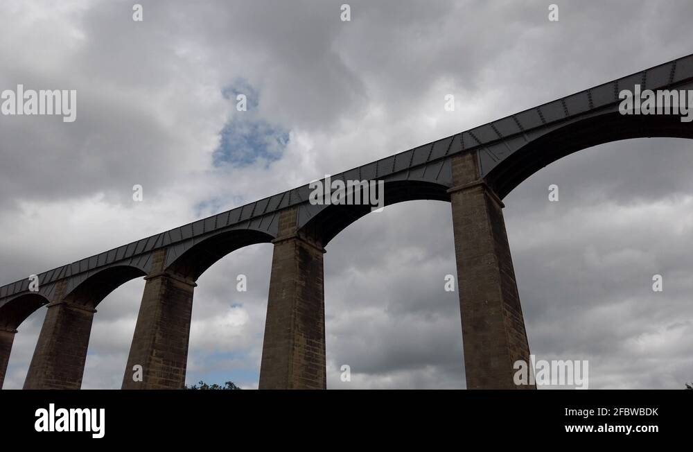 Pontcysyllte Aqueduct arch bridge canal waterway crossing low angle ...