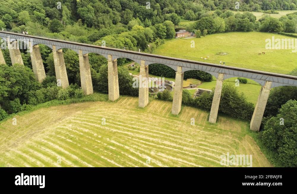 Pontcysyllte Aqueduct arch bridge canal waterway crossing. Descending ...