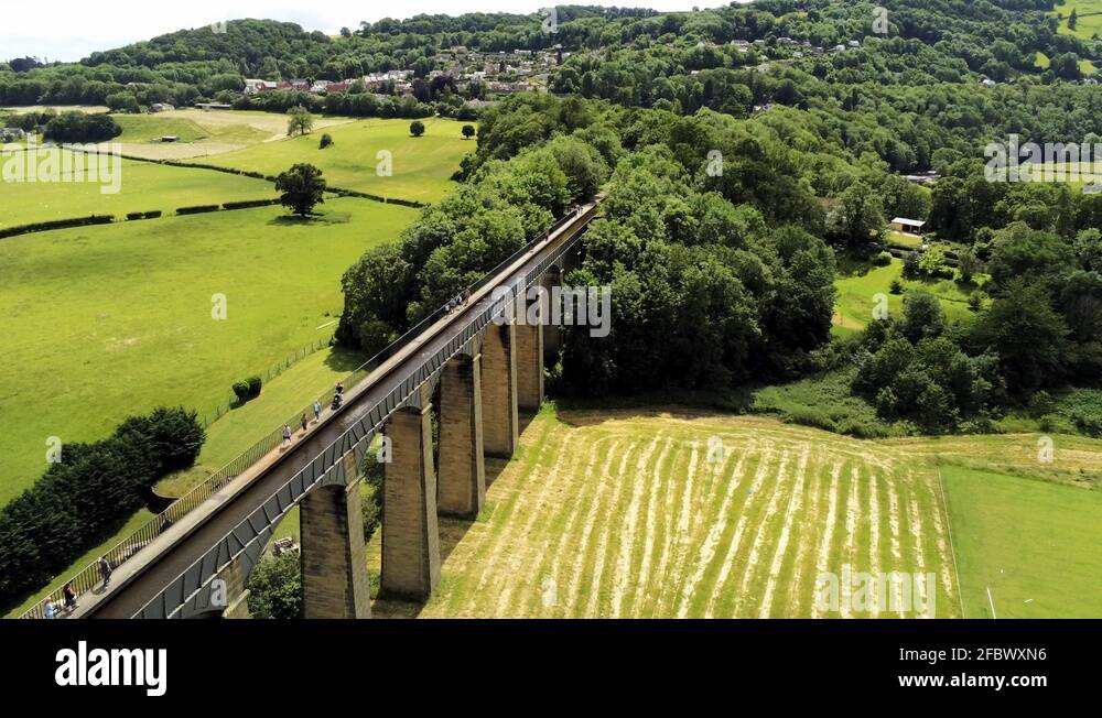 Pontcysyllte Aqueduct arch bridge canal waterway crossing. Fast aerial ...
