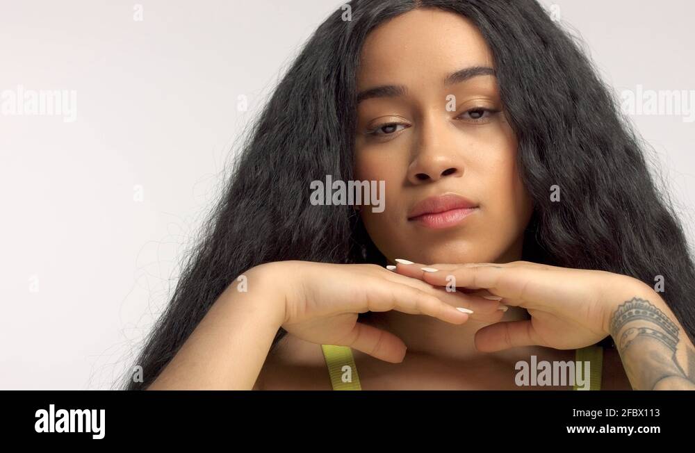 beauty mixed race african american model in studio portraits with long ...