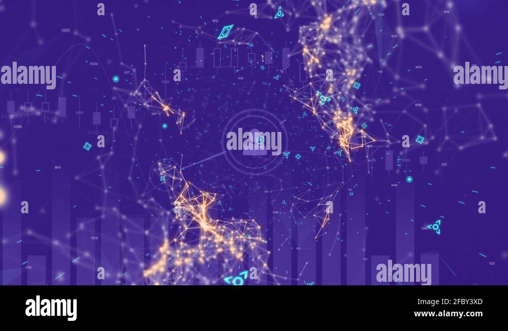 Profile icons and asymmetrical lines with futuristic symbols and graphs ...