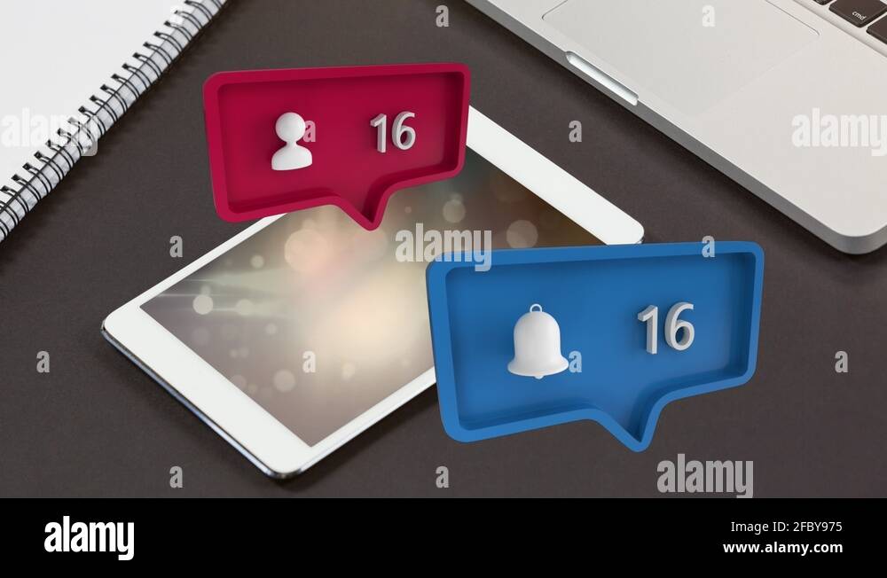 Table and message bubble with profile and notification icons for social ...