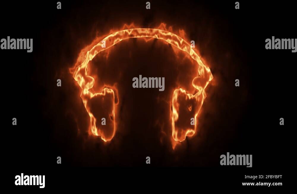 Neon silhouette effect of Headphones on fire with a black background ...