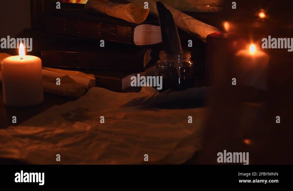 Detail of an old scribe room next to a fireplace with vintage paper ...