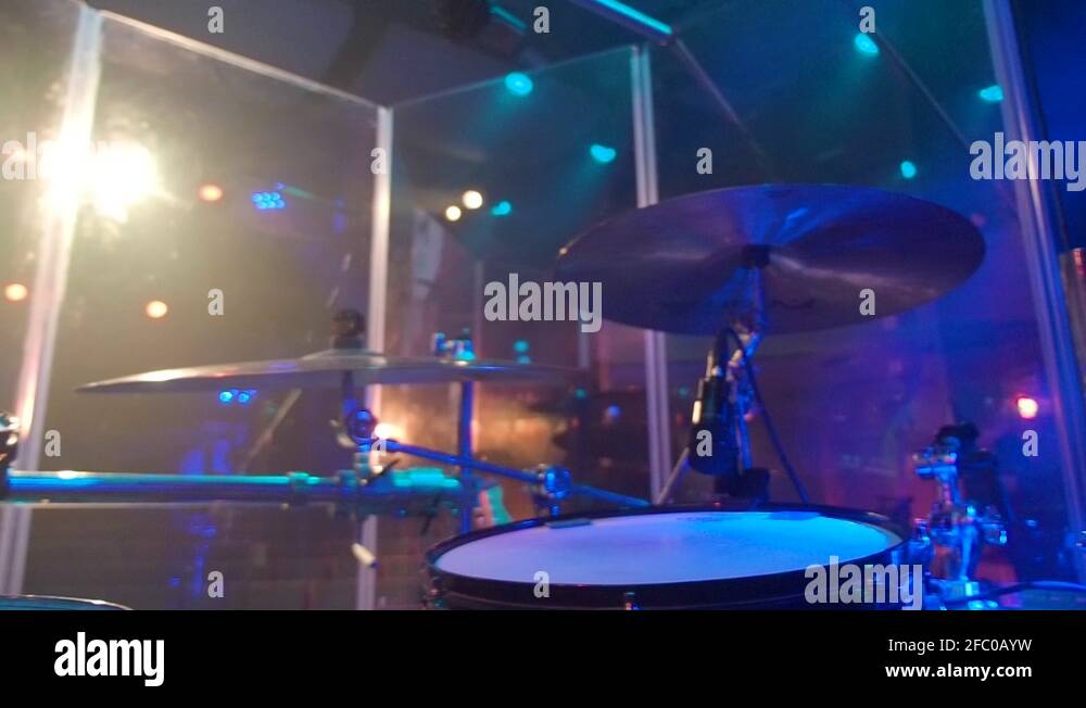 Drums. Modern drum set on stage prepared for playing. Drum back view ...