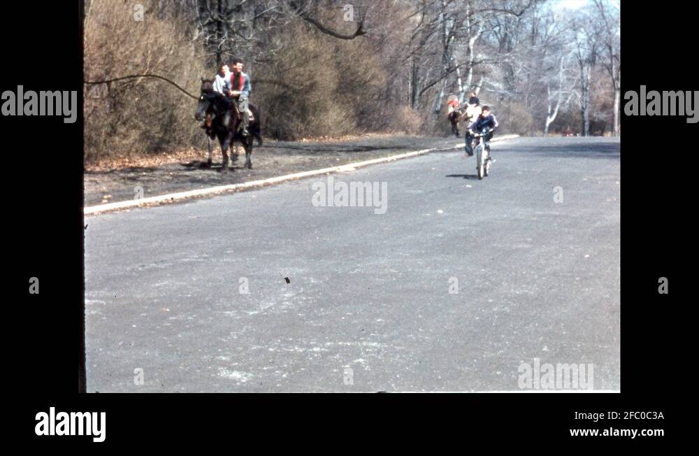 1950s: Boy rides bike past horse riders on trail at wooded park. Man ...