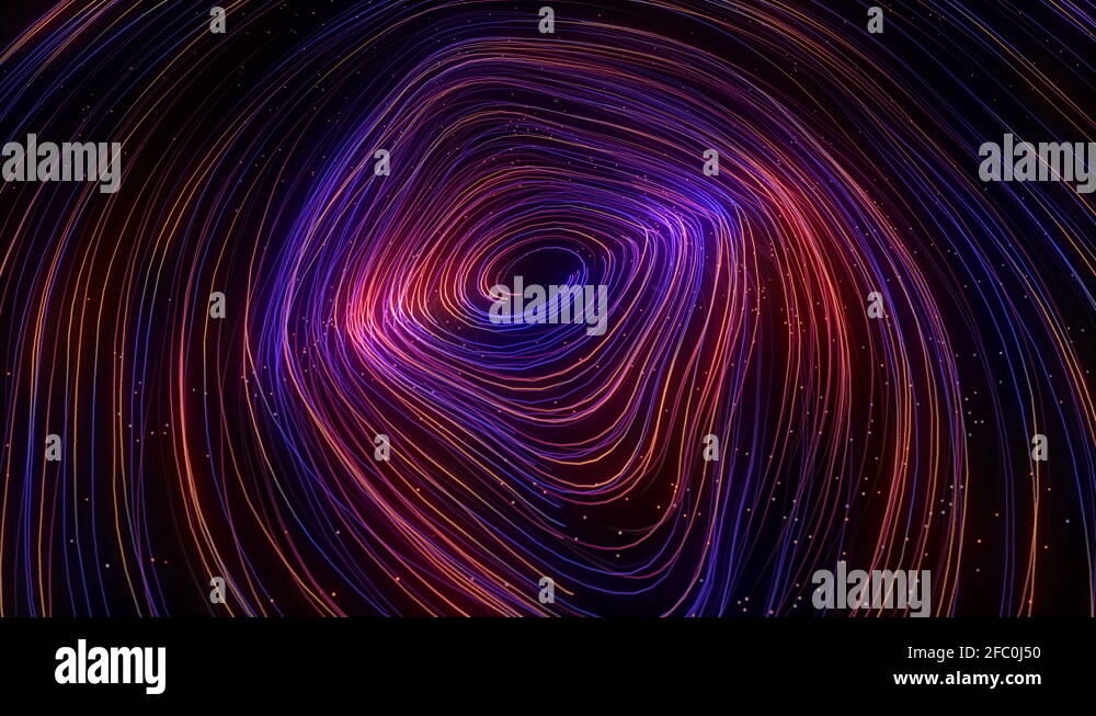 Neon field flow. Glowing purple and blue lines and light particles ...