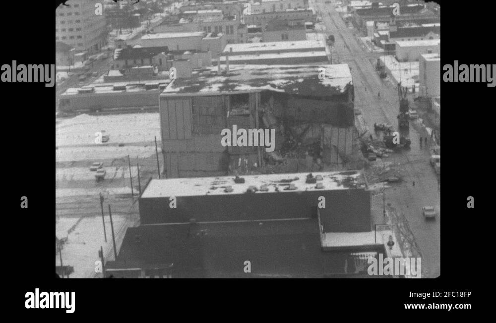 1960s: Aerial views of downtown area. View of damaged building Stock ...