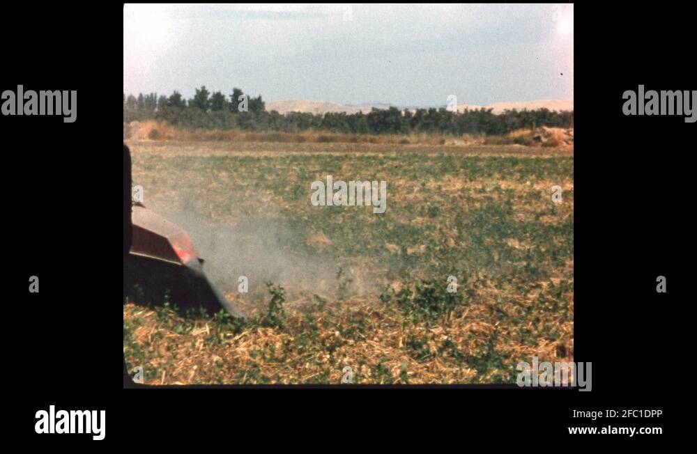 1960s: Tractor pulls rototiller over field. Title card. Geese eating in ...