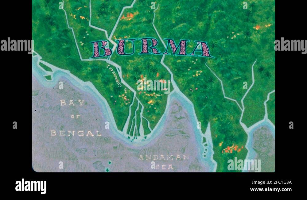 1950s: Cartoon map of Burma. Cartoon tiger hangs from last O in title ...