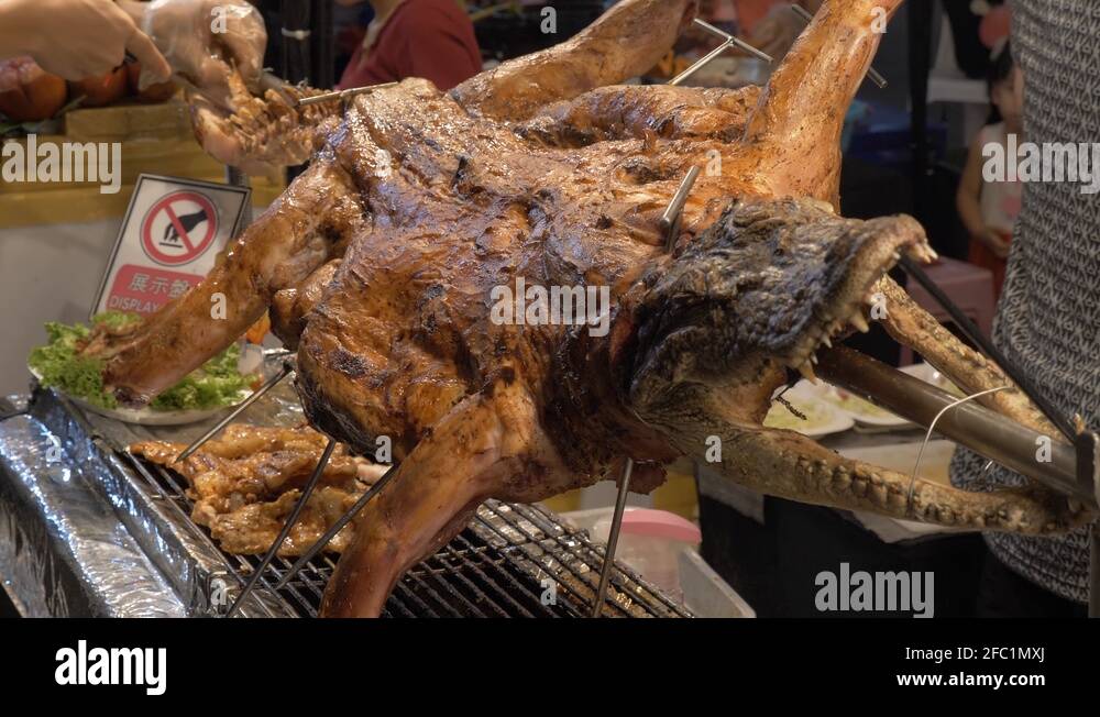 A Crocodile on a BBQ spit on a Night Market in Asia. 4K Alligator Stock ...