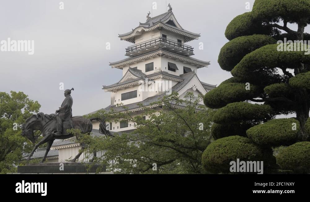 Castle tower with Todo Takatora statue and trimmed tree,Imabari,Shikoku ...