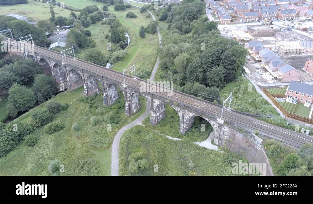Sankey viaduct aerial above historical British railway arched bridge ...