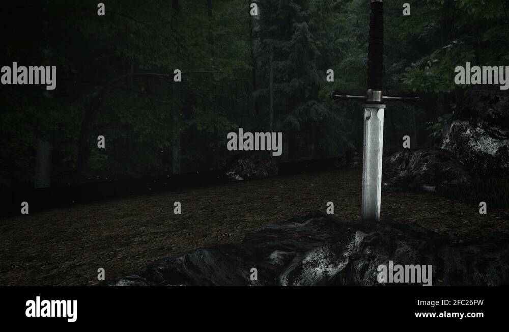 Medieval Iron Sword Stuck Inside a Rock in a Forest Stock Video Footage ...